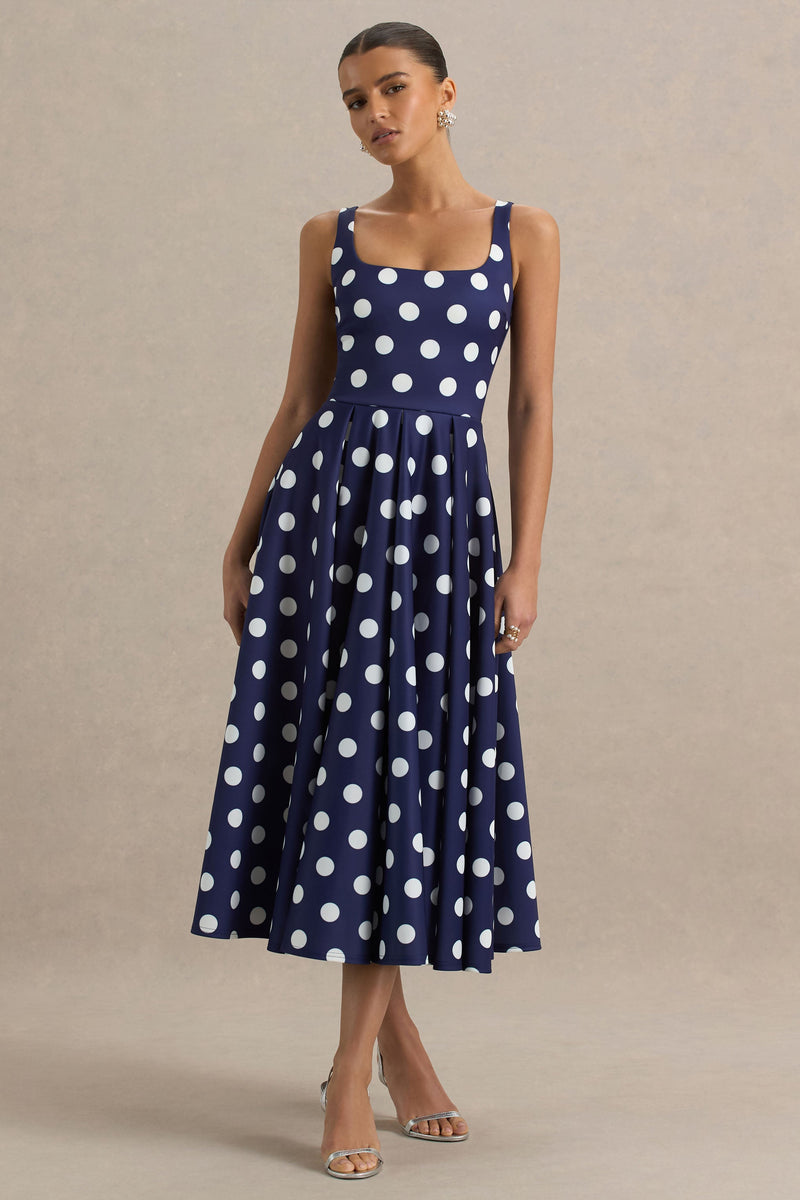 Berta Navy And White Polka-Dot Square-Neck Midi Dress – Club L London - UAE
