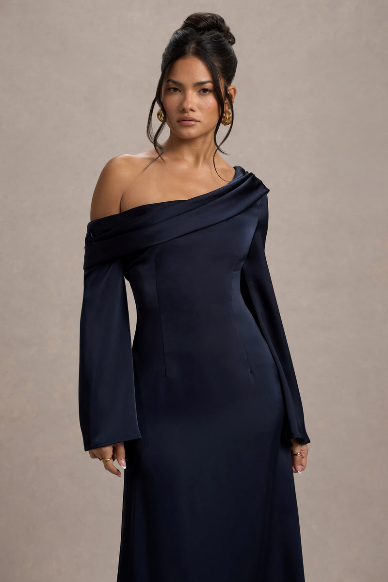Astral Navy Satin Asymmetric Flared-Sleeve Midi Dress – Club L London - UAE