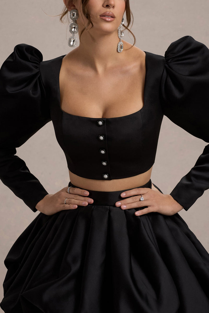 Eloisa Black Satin Puff-Sleeve Cropped Jacket – Club L London - UAE